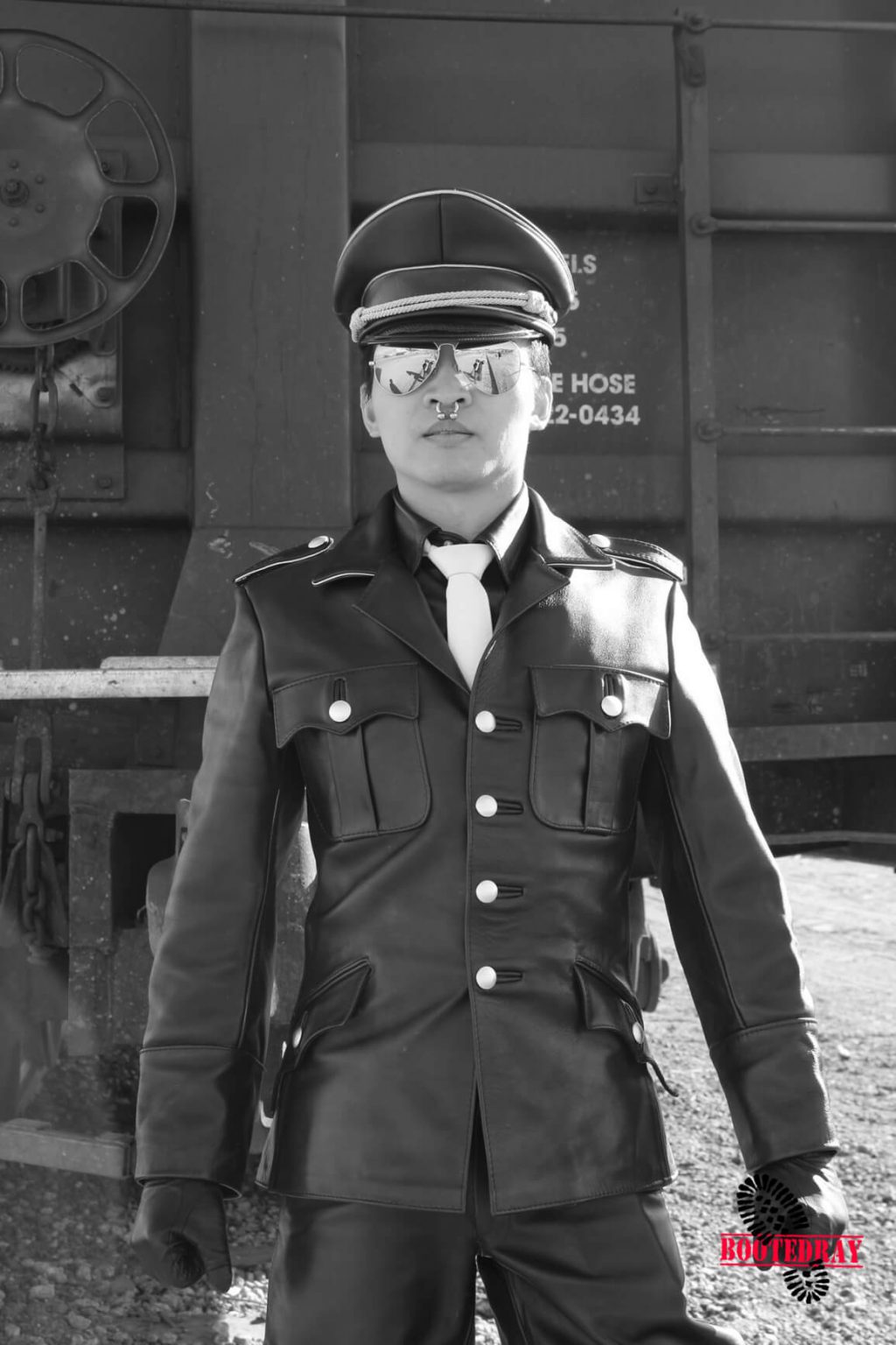 Wearing Leather German Coat in Bayshore SF (Black & White) – BootedRAY